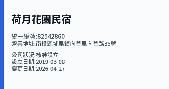 荷月花園民宿的照片-統編 82542860(南投縣) 公司登記資料與營業項目詳細圖表