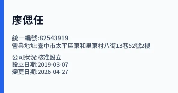 廖偲任的照片-統編 82543919(臺中市) 公司登記資料與營業項目詳細圖表