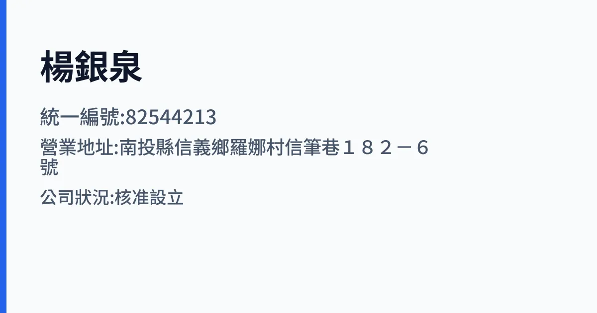 楊銀泉 - 統編 82544213（南投縣） 公司登記資料與營業項目詳細圖表