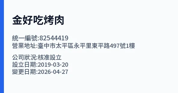 金好吃烤肉的照片-統編 82544419(臺中市) 公司登記資料與營業項目詳細圖表