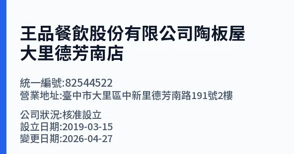 王品餐飲股份有限公司陶板屋大里德芳南店的照片-統編 82544522(臺中市) 公司登記資料與營業項目詳細圖表