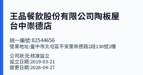 王品餐飲股份有限公司陶板屋台中崇德店的照片-統編 82544656(臺中市) 公司登記資料與營業項目詳細圖表