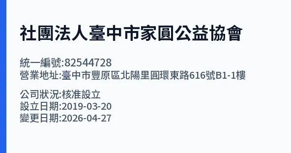 社團法人臺中市家圓公益協會的照片-統編 82544728(臺中市) 公司登記資料與營業項目詳細圖表