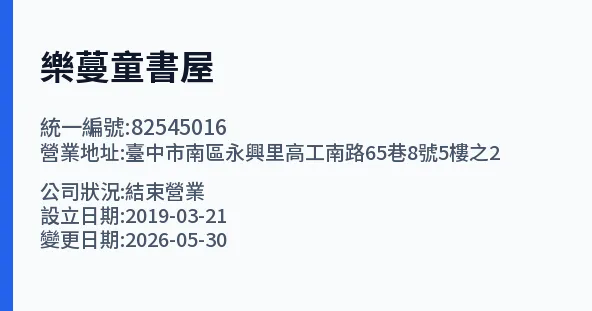 樂蔓童書屋的照片-統編 82545016(臺中市) 公司登記資料與營業項目詳細圖表