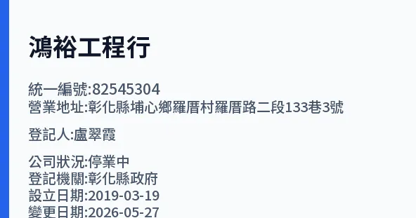 鴻裕工程行的照片-統編 82545304(彰化縣) 公司登記資料與營業項目詳細圖表