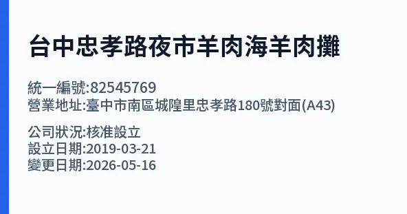 台中忠孝路夜市羊肉海羊肉攤的照片-統編 82545769(臺中市) 公司登記資料與營業項目詳細圖表