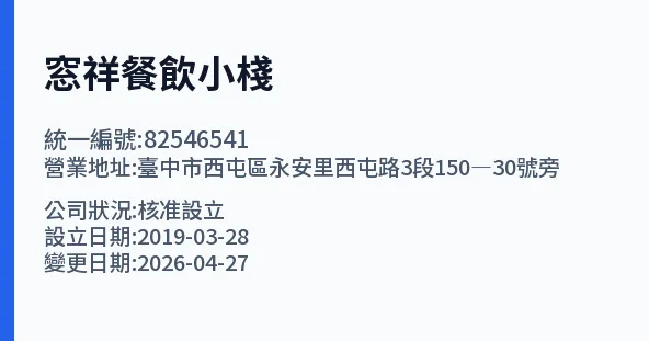 窓祥餐飲小棧的照片-統編 82546541(臺中市) 公司登記資料與營業項目詳細圖表