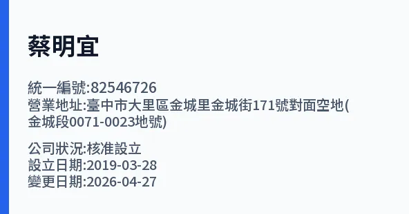 蔡明宜的照片-統編 82546726(臺中市) 公司登記資料與營業項目詳細圖表