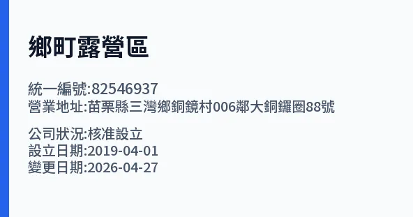 鄉町露營區的照片-統編 82546937(苗栗縣) 公司登記資料與營業項目詳細圖表