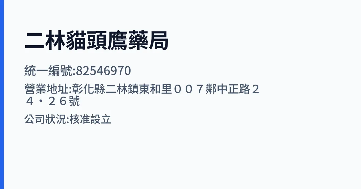二林貓頭鷹藥局 - 統編 82546970(彰化縣) 公司登記資料與營業項目詳細圖表