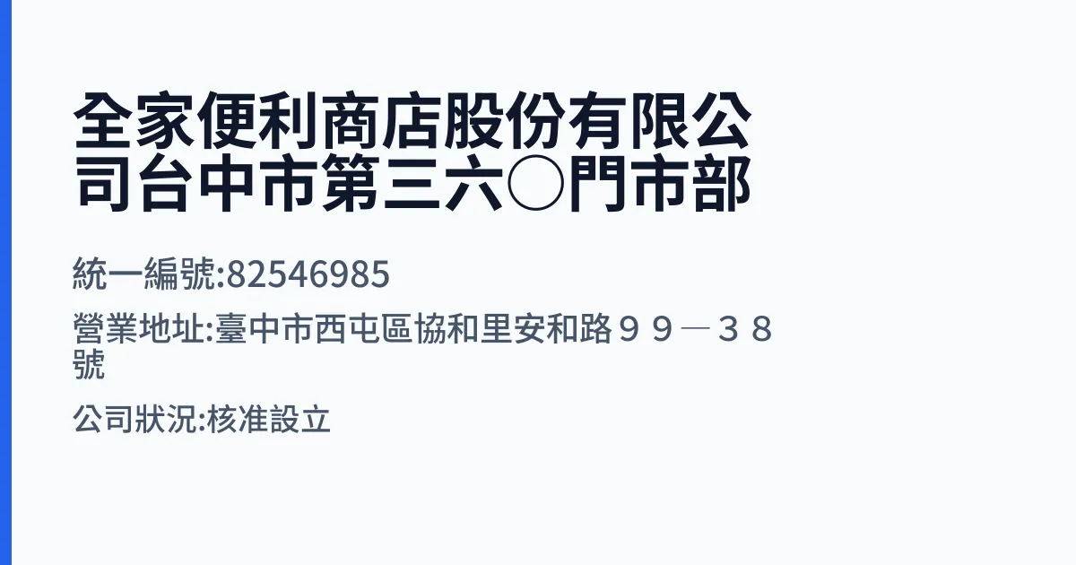 全家便利商店股份有限公司台中市第三六○門市部 - 統編 82546985(臺中市) 公司登記資料與營業項目詳細圖表