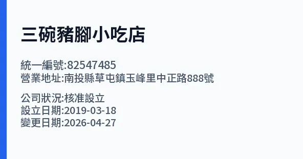 三碗豬腳小吃店的照片-統編 82547485(南投縣) 公司登記資料與營業項目詳細圖表