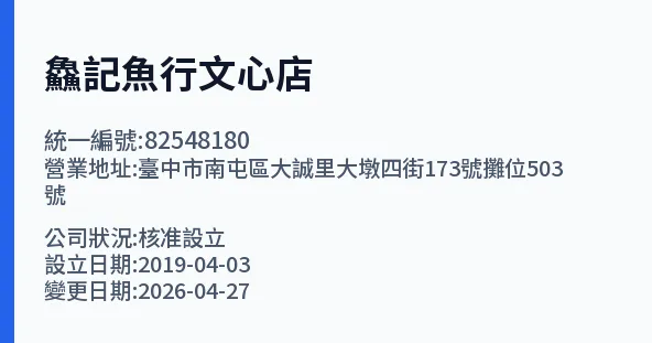 鱻記魚行文心店的照片-統編 82548180(臺中市) 公司登記資料與營業項目詳細圖表
