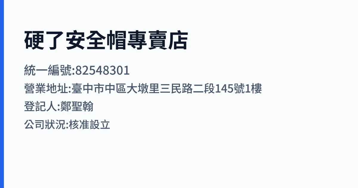 硬了安全帽專賣店 - 統編 82548301(臺中市) 公司登記資料與營業項目詳細圖表