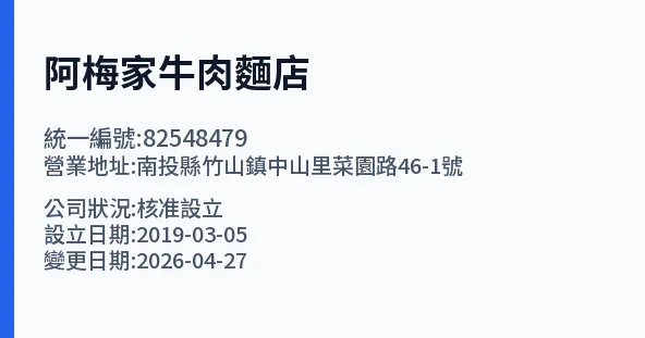 阿梅家牛肉麵店的照片-統編 82548479(南投縣) 公司登記資料與營業項目詳細圖表