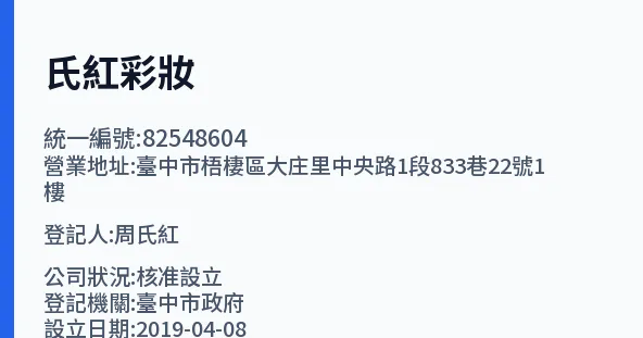 氏紅彩妝的照片-統編 82548604(臺中市) 公司登記資料與營業項目詳細圖表