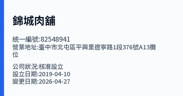 錦城肉舖的照片-統編 82548941(臺中市) 公司登記資料與營業項目詳細圖表