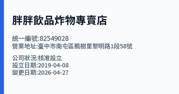 胖胖飲品炸物專賣店的照片-統編 82549028(臺中市) 公司登記資料與營業項目詳細圖表
