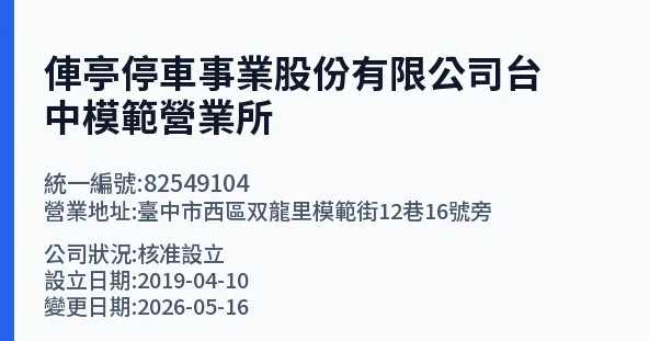 俥亭停車事業股份有限公司台中模範營業所的照片-統編 82549104(臺中市) 公司登記資料與營業項目詳細圖表