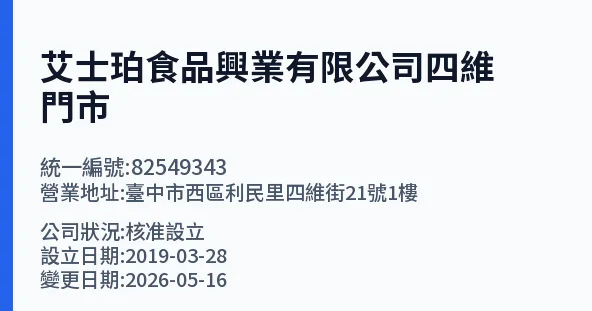 艾士珀食品興業有限公司四維門市的照片-統編 82549343(臺中市) 公司登記資料與營業項目詳細圖表