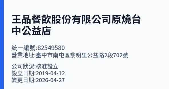 王品餐飲股份有限公司原燒台中公益店的照片-統編 82549580(臺中市) 公司登記資料與營業項目詳細圖表