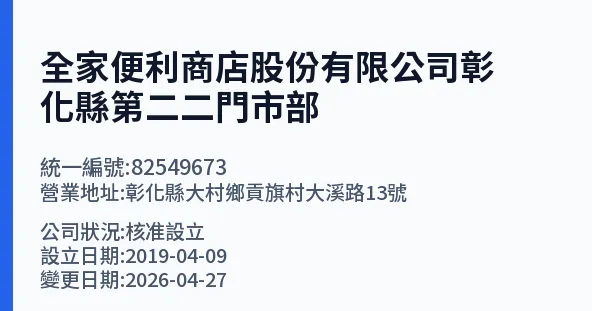 全家便利商店股份有限公司彰化縣第二二門市部的照片-統編 82549673(彰化縣) 公司登記資料與營業項目詳細圖表