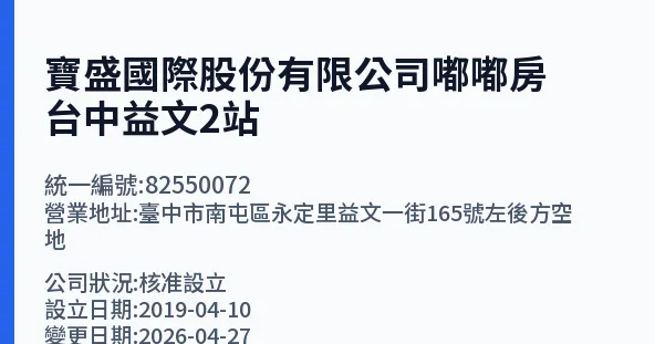 寶盛國際股份有限公司嘟嘟房台中益文2站的照片-統編 82550072(臺中市) 公司登記資料與營業項目詳細圖表
