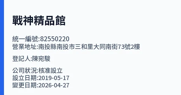 戰神精品館的照片-統編 82550220(南投縣) 公司登記資料與營業項目詳細圖表