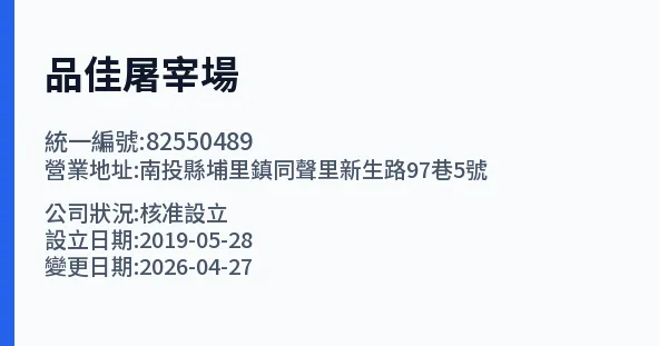 品佳屠宰場的照片-統編 82550489(南投縣) 公司登記資料與營業項目詳細圖表