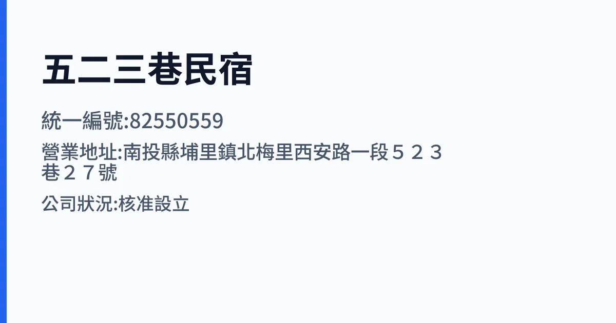五二三巷民宿 - 統編 82550559(南投縣) 公司登記資料與營業項目詳細圖表