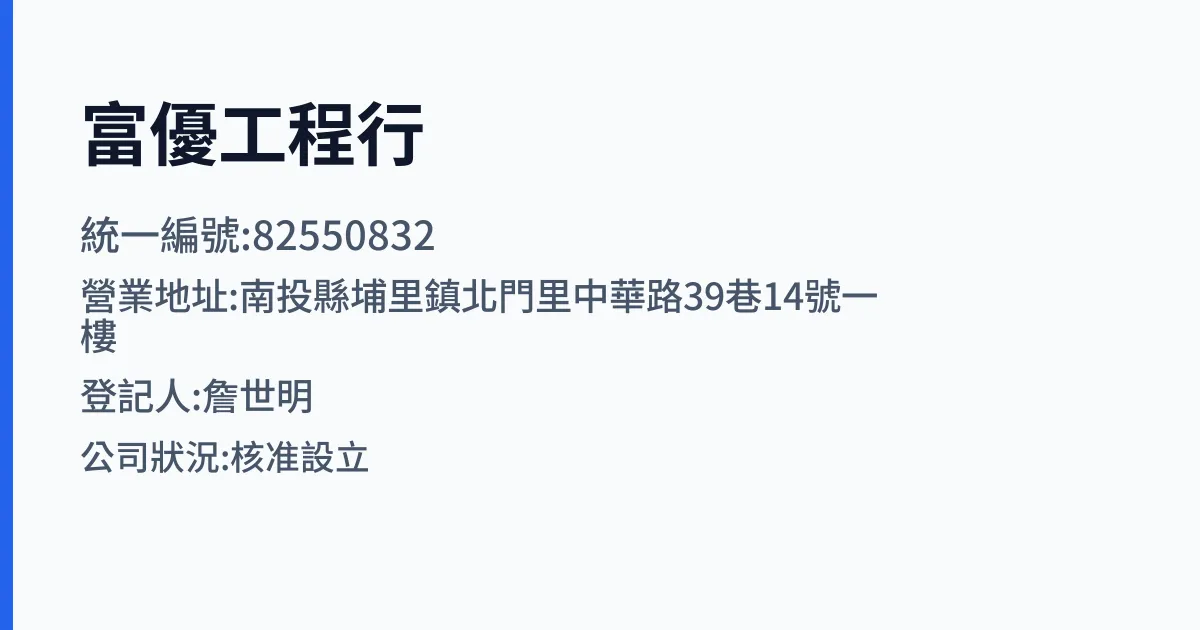 富優工程行 - 統編 82550832(南投縣) 公司登記資料與營業項目詳細圖表