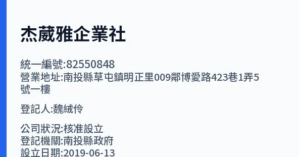 杰葳雅企業社的照片-統編 82550848(南投縣) 公司登記資料與營業項目詳細圖表