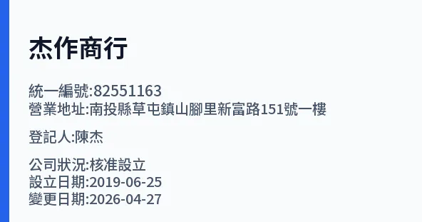 杰作商行的照片-統編 82551163(南投縣) 公司登記資料與營業項目詳細圖表