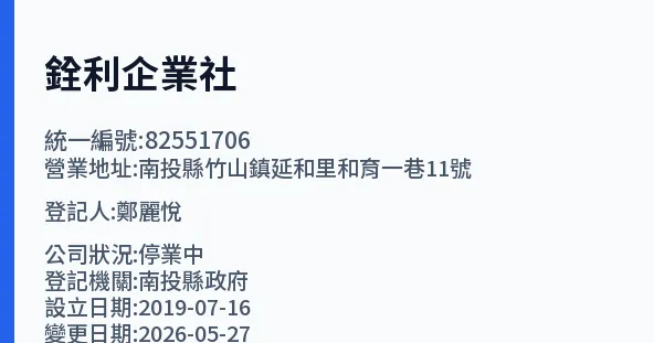 銓利企業社的照片-統編 82551706(南投縣) 公司登記資料與營業項目詳細圖表