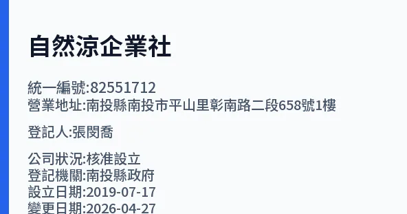 自然涼企業社的照片-統編 82551712(南投縣) 公司登記資料與營業項目詳細圖表