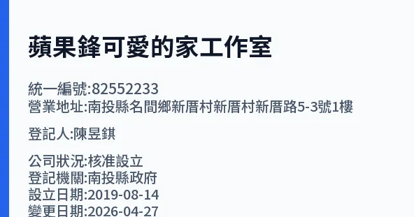 蘋果鋒可愛的家工作室的照片-統編 82552233(南投縣) 公司登記資料與營業項目詳細圖表