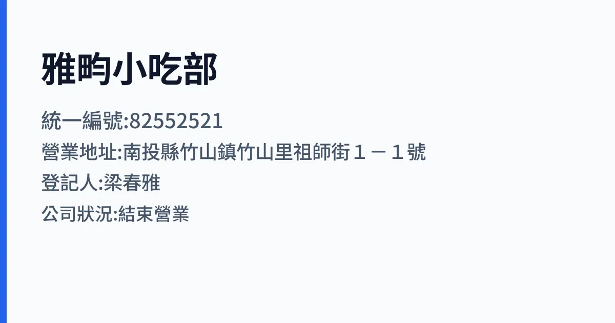 雅畇小吃部 - 統編 82552521(南投縣) 公司登記資料與營業項目詳細圖表
