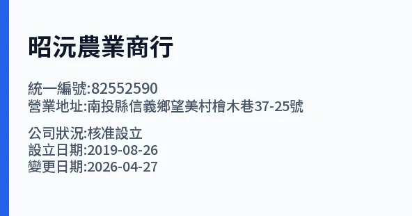 昭沅農業商行的照片-統編 82552590(南投縣) 公司登記資料與營業項目詳細圖表