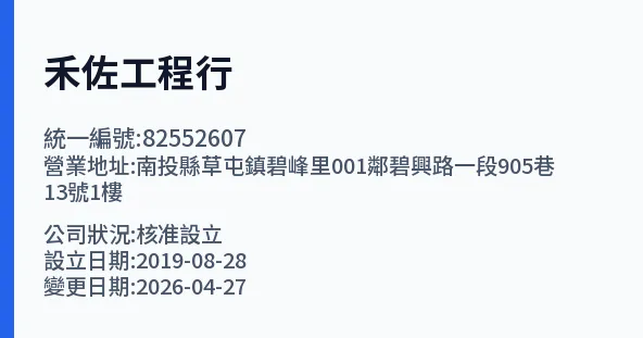 禾佐工程行的照片-統編 82552607(南投縣) 公司登記資料與營業項目詳細圖表