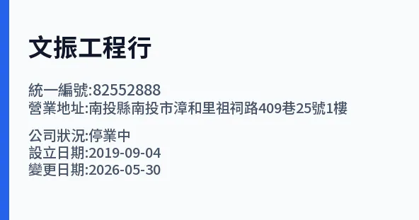 文振工程行的照片-統編 82552888(南投縣) 公司登記資料與營業項目詳細圖表