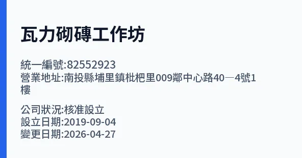 瓦力砌磚工作坊的照片-統編 82552923(南投縣) 公司登記資料與營業項目詳細圖表