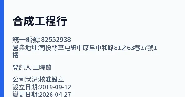 合成工程行的照片-統編 82552938(南投縣) 公司登記資料與營業項目詳細圖表