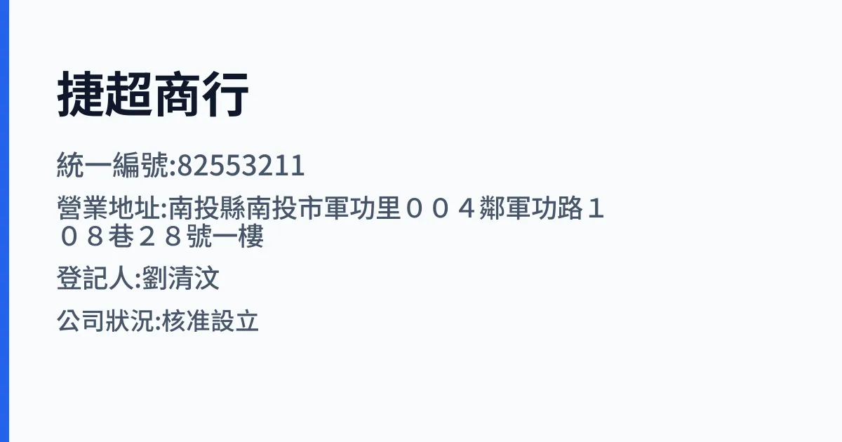 捷超商行 - 統編 82553211(南投縣) 公司登記資料與營業項目詳細圖表