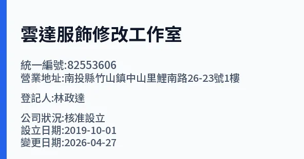 雲達服飾修改工作室的照片-統編 82553606(南投縣) 公司登記資料與營業項目詳細圖表