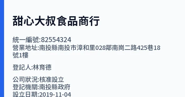 甜心大叔食品商行的照片-統編 82554324(南投縣) 公司登記資料與營業項目詳細圖表