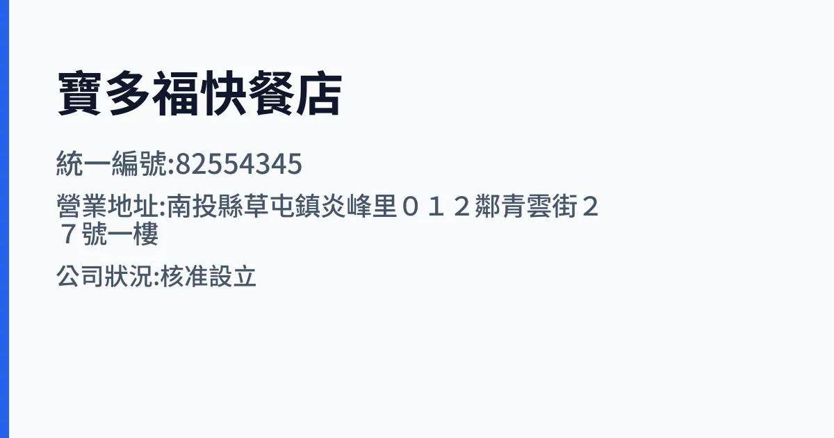 寶多福快餐店 - 統編 82554345(南投縣) 公司登記資料與營業項目詳細圖表