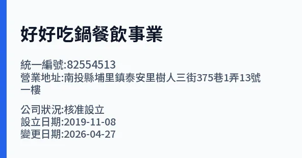 好好吃鍋餐飲事業的照片-統編 82554513(南投縣) 公司登記資料與營業項目詳細圖表