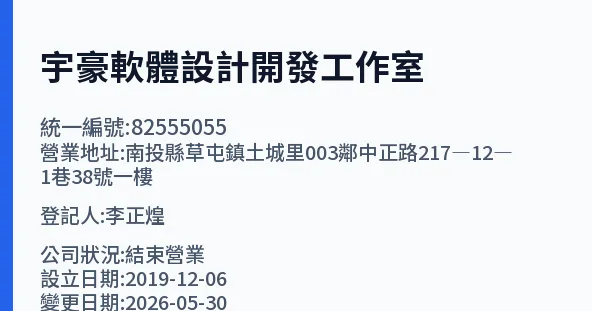 宇豪軟體設計開發工作室的照片-統編 82555055(南投縣) 公司登記資料與營業項目詳細圖表