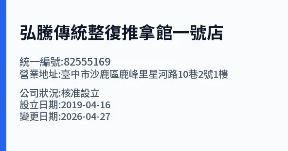 弘騰傳統整復推拿館一號店的照片-統編 82555169(臺中市) 公司登記資料與營業項目詳細圖表