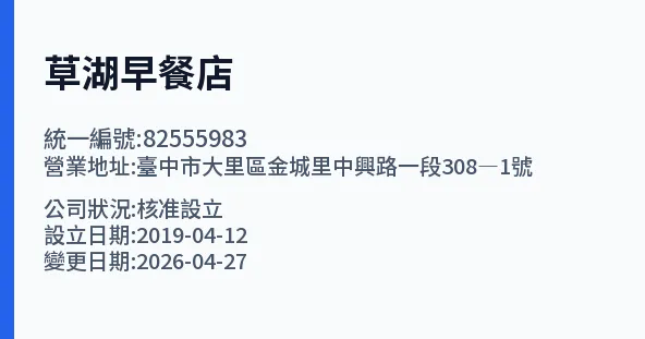 草湖早餐店的照片-統編 82555983(臺中市) 公司登記資料與營業項目詳細圖表